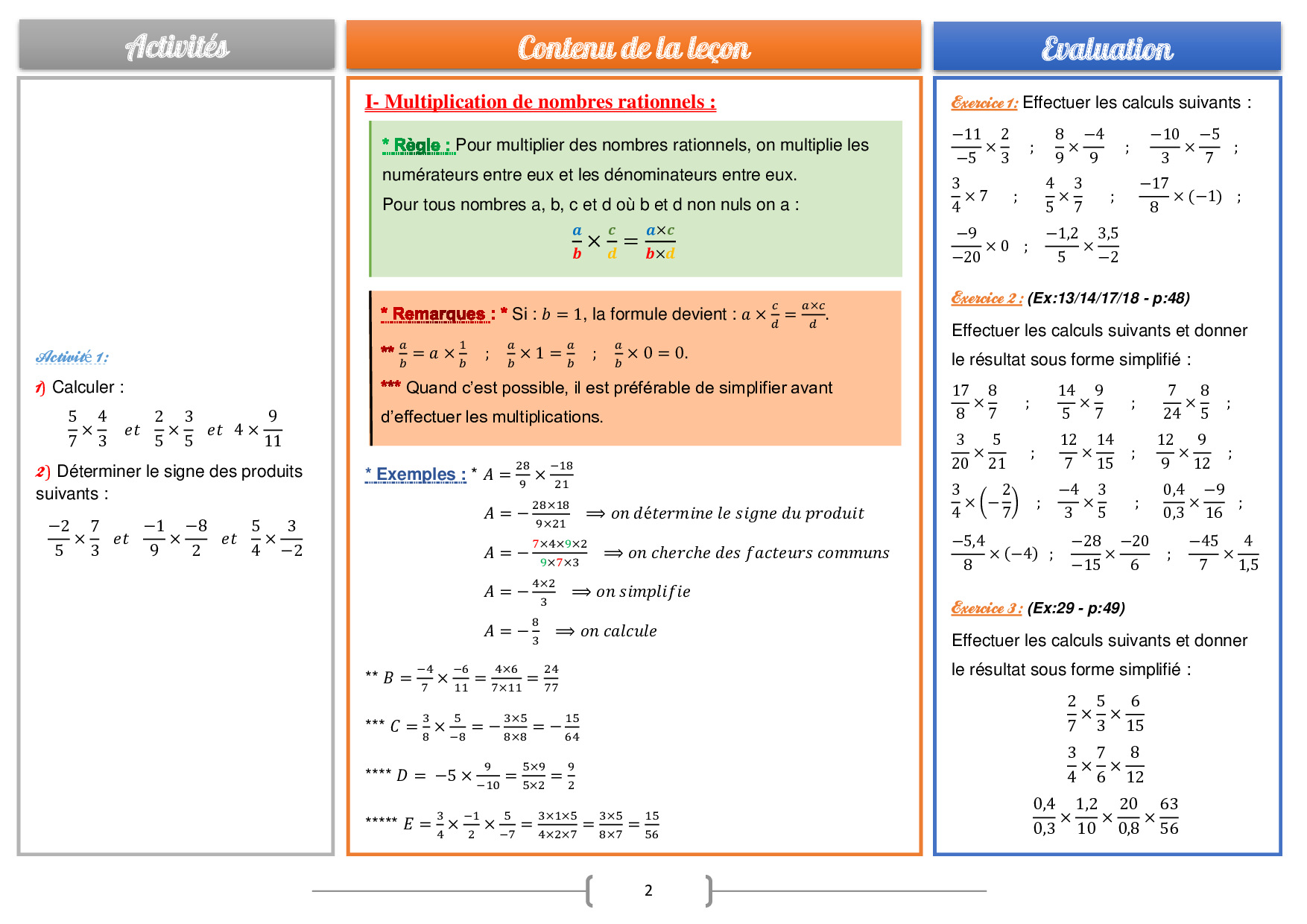 Les nombres rationnels (Produit et division) - Cours et exercices (MA ...