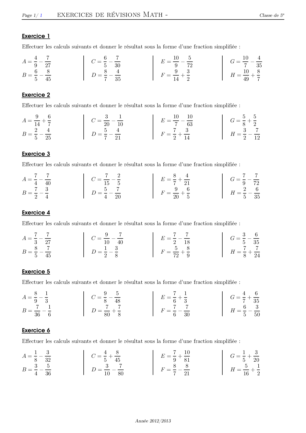 Somme de fractions - Série d'exercices 1 - AlloSchool