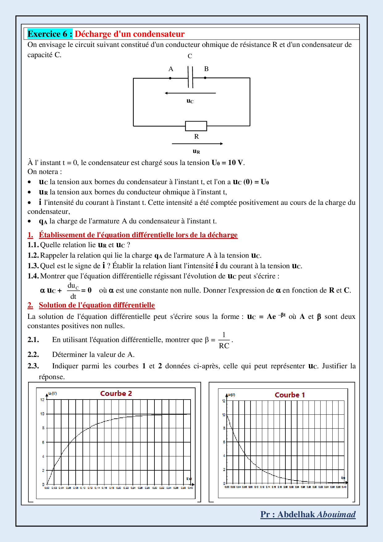 Le dipôle RC - Exercices corrigés - AlloSchool