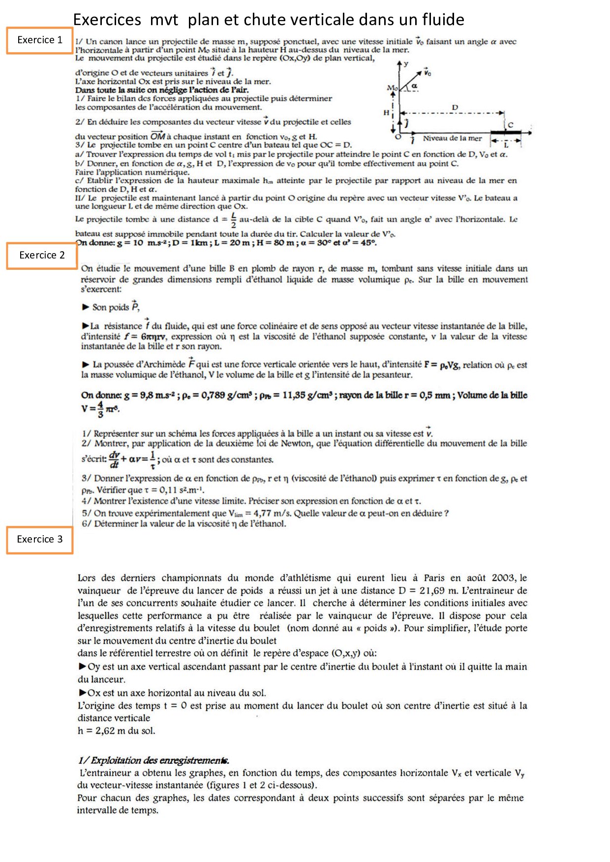 Le mouvement d’un projectile dans un plan - Exercices non corrigés 2 ...