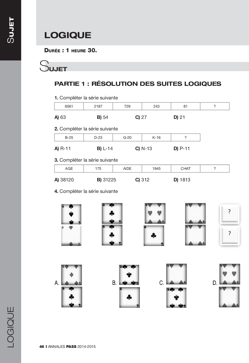 Concours PASS 2014 - Logique et analyse quantitative (Sujet) - AlloSchool