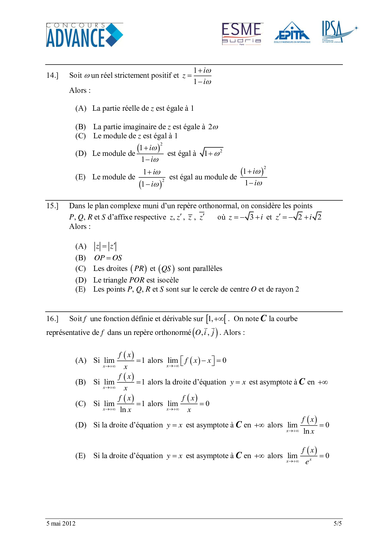 Concours ADVANCE 2011 - Mathématiques (Sujet) - AlloSchool
