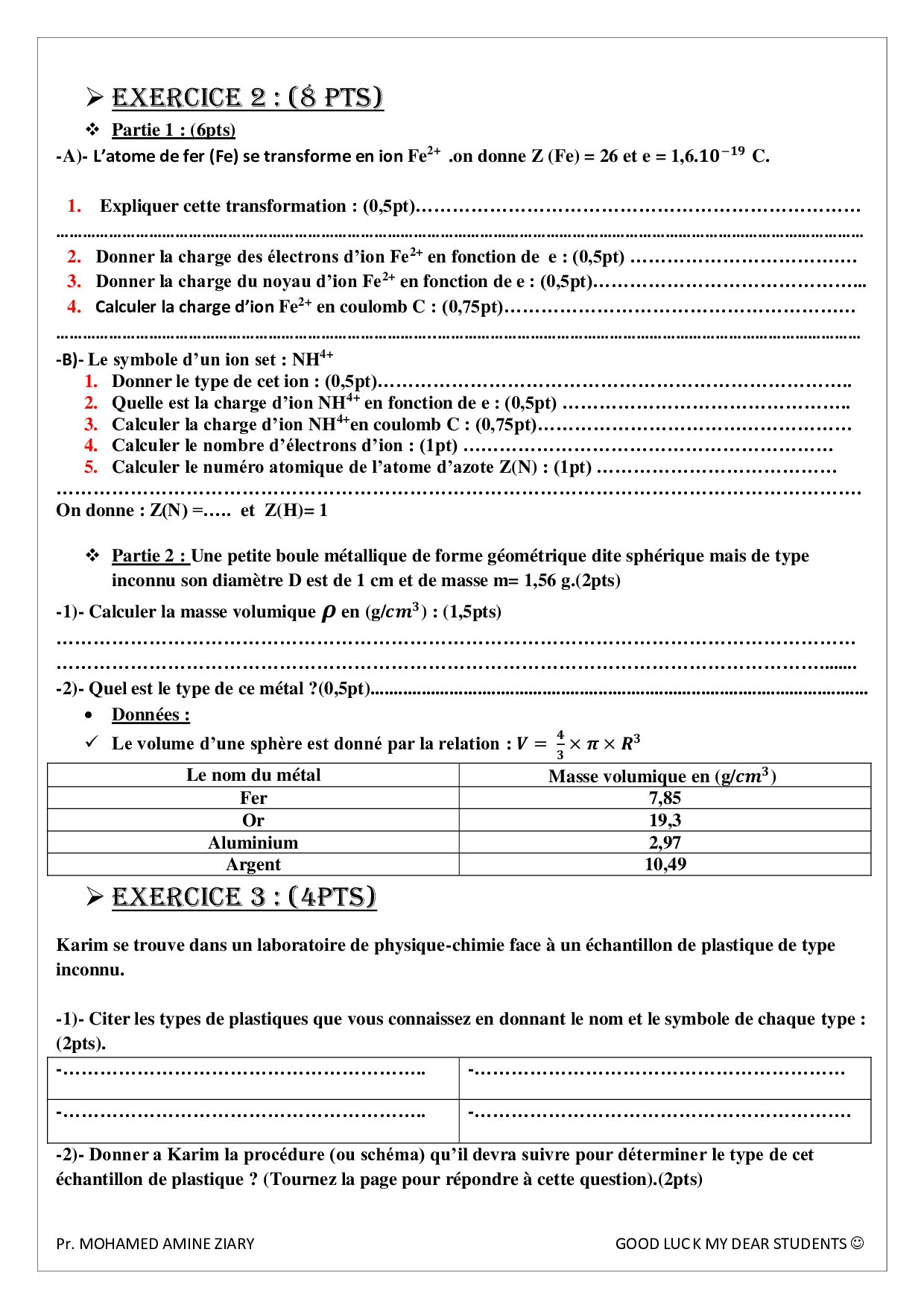 Devoir 1 Modèle 1 - Physique-Chimie 3AC Semestre 1 - AlloSchool