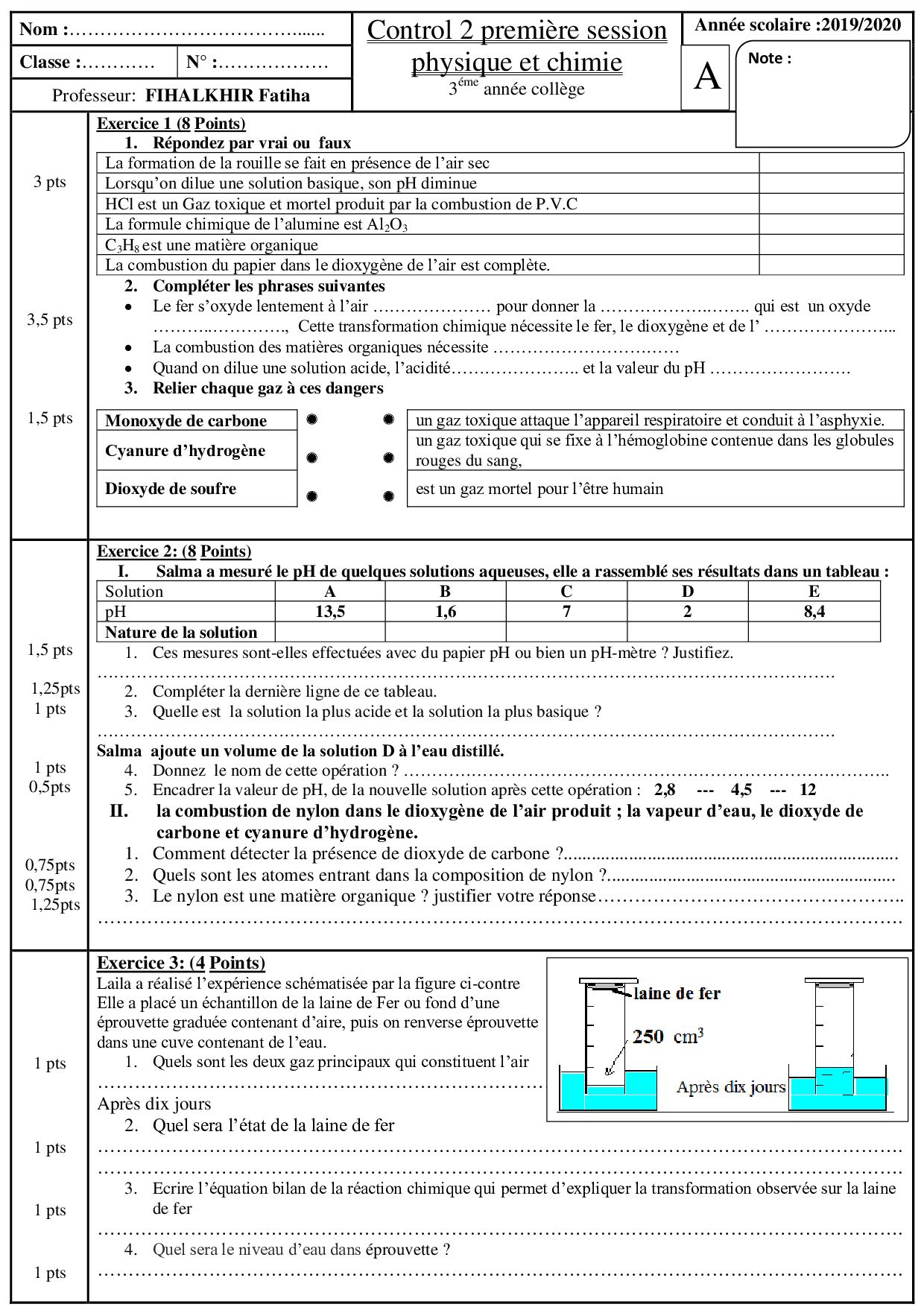 Devoir 2 Modèle 4 - Physique-Chimie 3AC Semestre 1 - AlloSchool