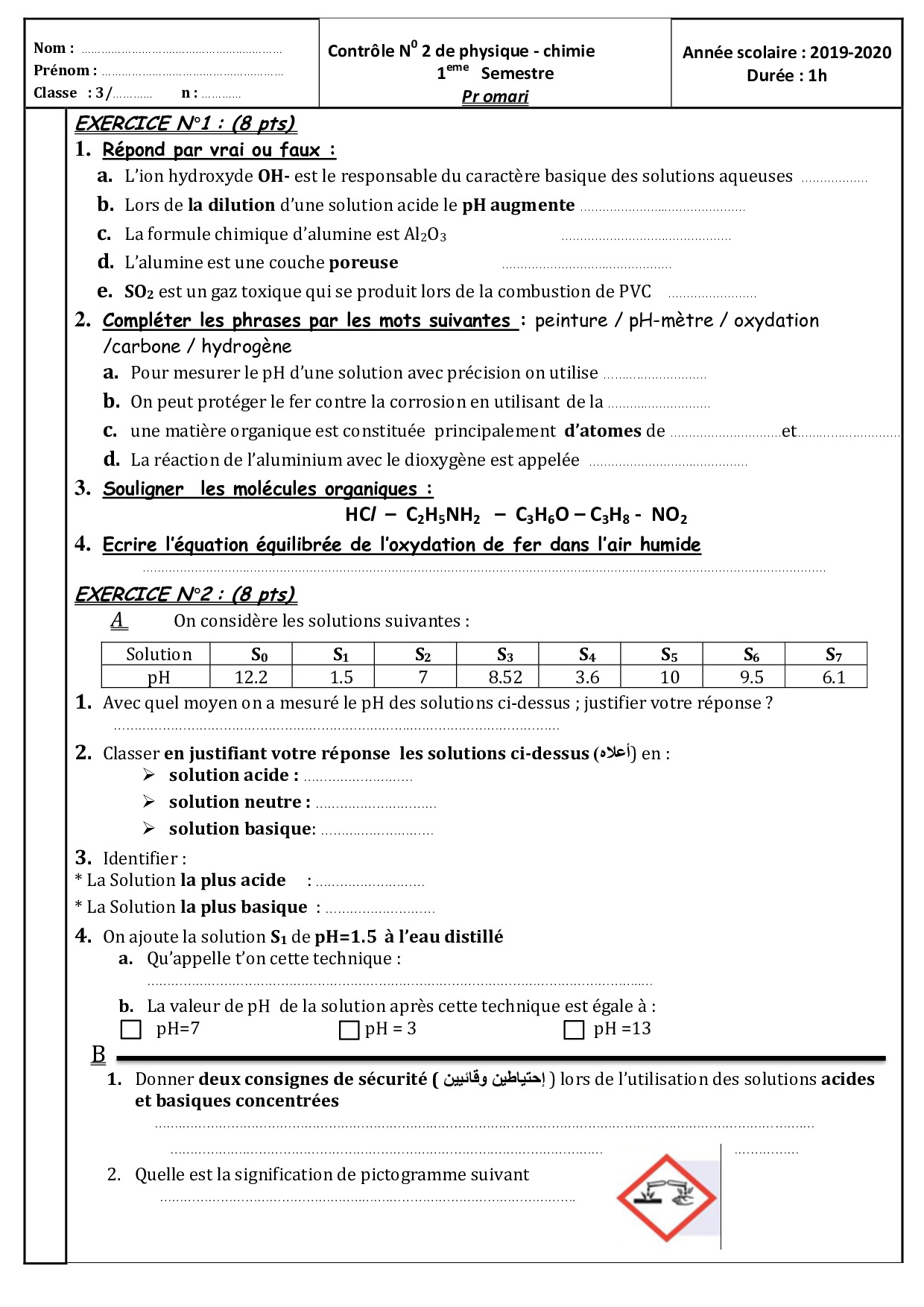 Devoir 2 Modèle 7 - Physique-Chimie 3AC Semestre 1 - AlloSchool