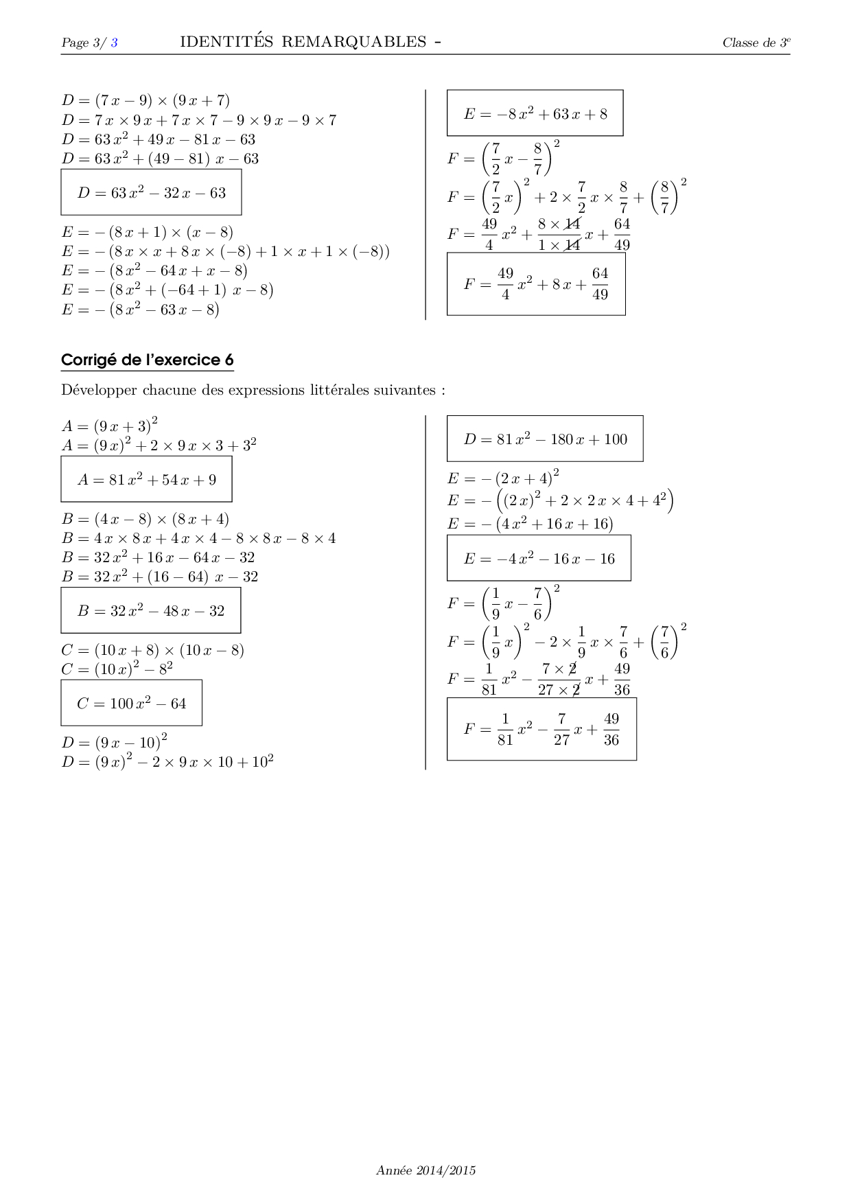 Identités remarquables - Corrigé série d'exercices 1 - AlloSchool