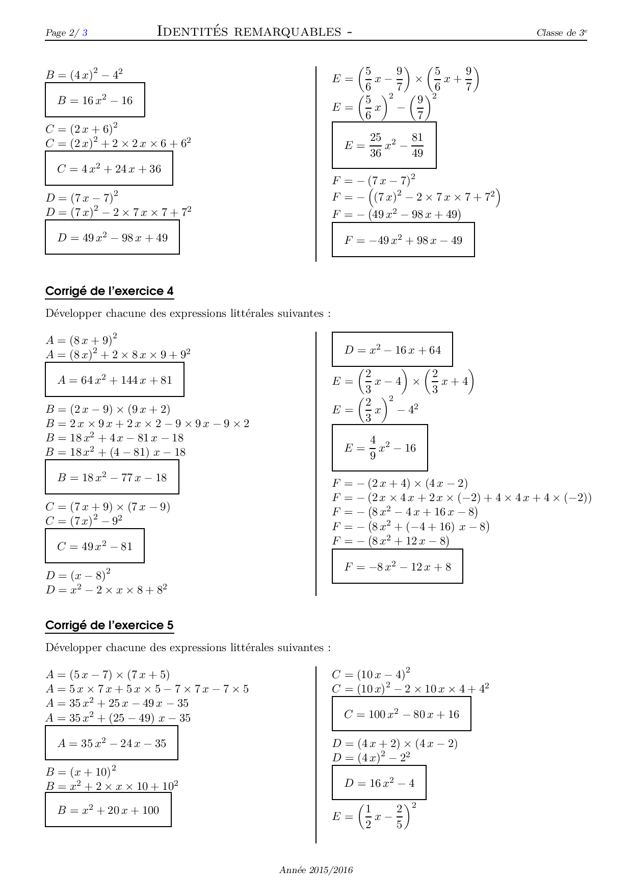 Identités remarquables - Corrigé série d'exercices 3 - AlloSchool