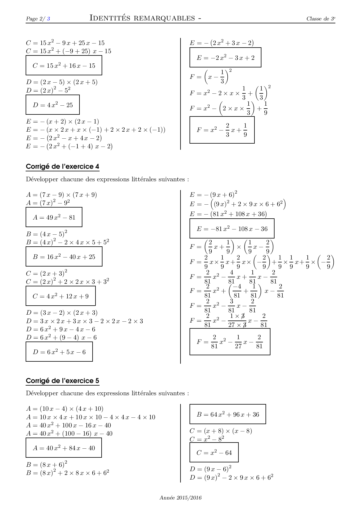 Identités remarquables - Corrigé série d'exercices 4 - AlloSchool