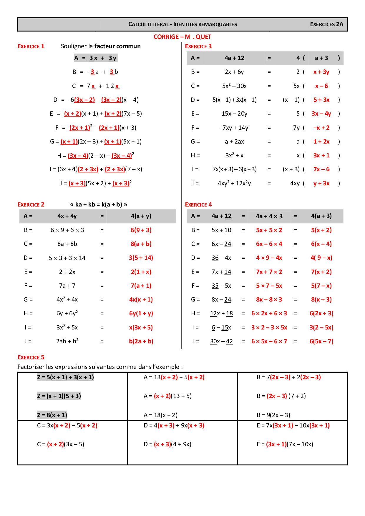 Factorisation (Facteur commun) - Corrigés d'exercices 1 - AlloSchool