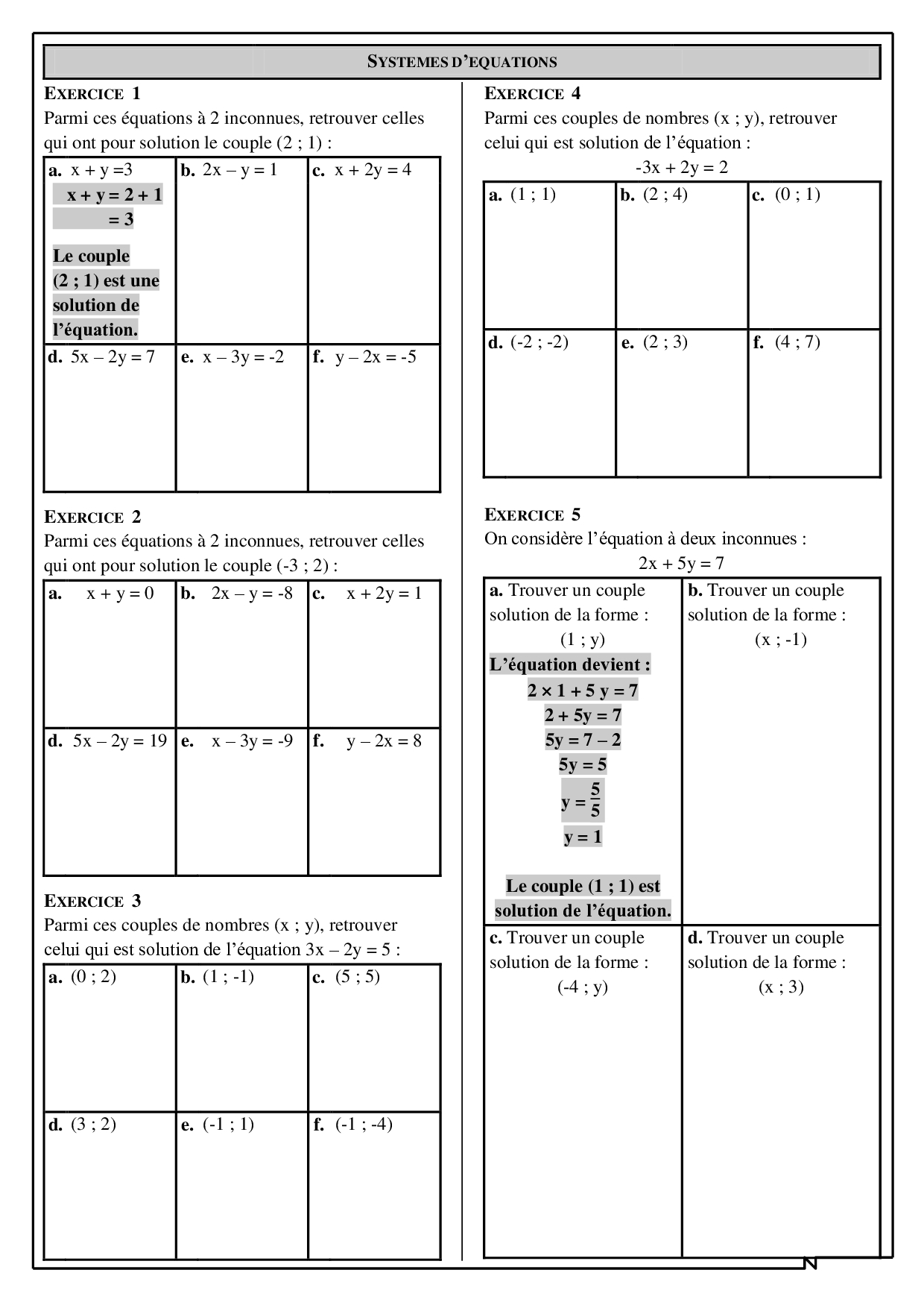 Résolution d'équations à 2 inconnues (Substitution de valeurs ...