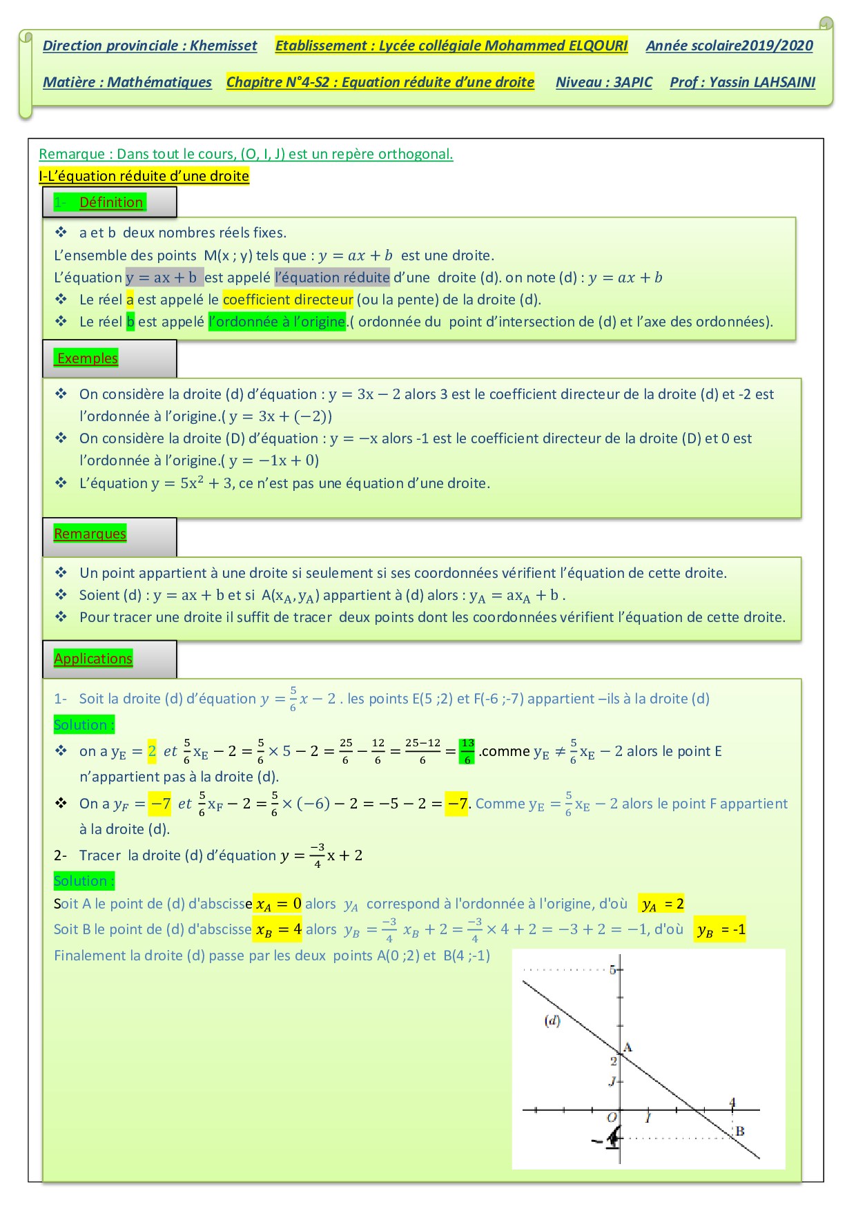 Équation d'une droite - Cours (MA) - AlloSchool