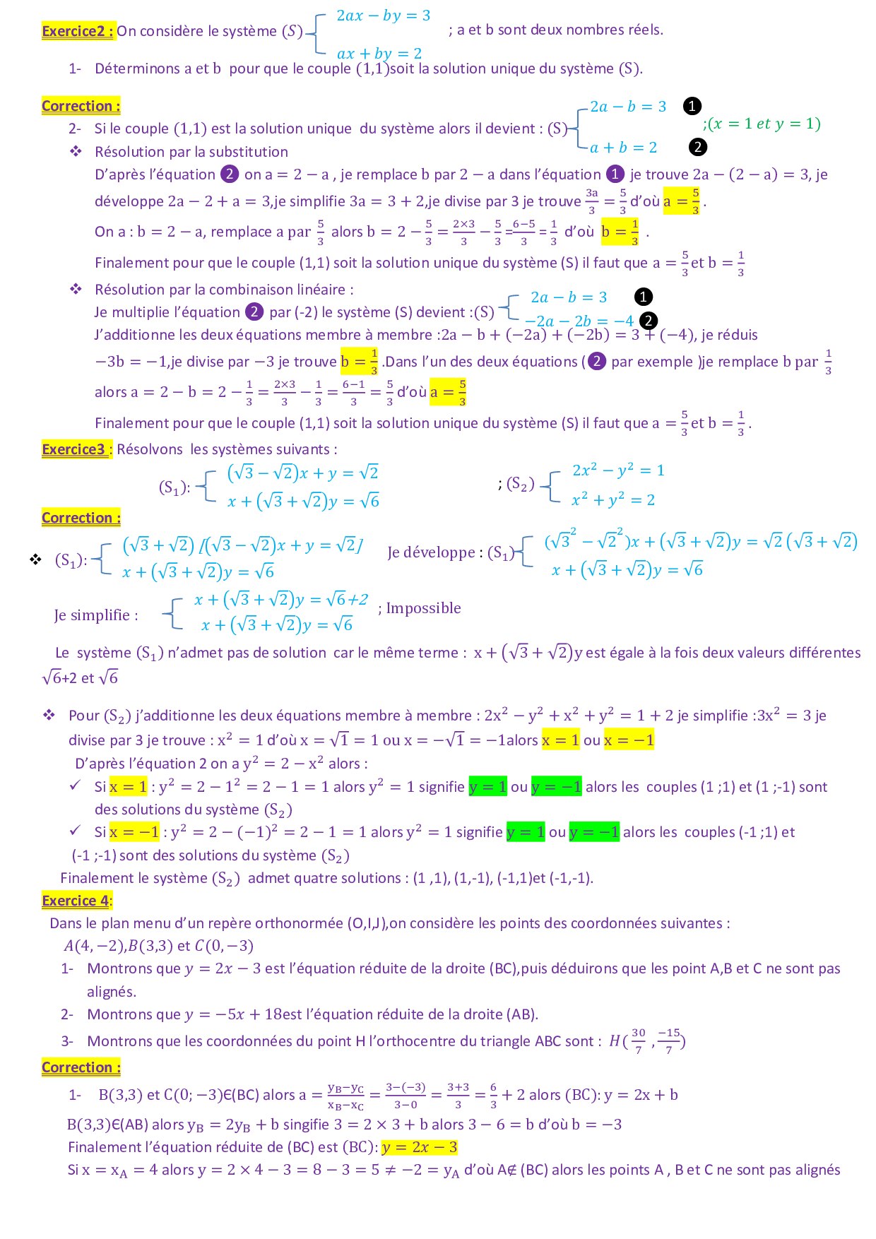 Systèmes de 2 équations à 2 inconnues - Exercices corrigés (MA ...
