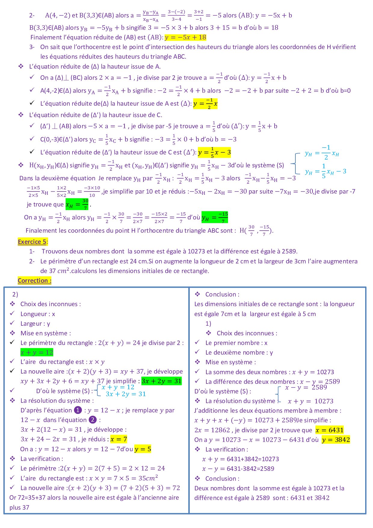 Systèmes de 2 équations à 2 inconnues - Exercices corrigés (MA ...