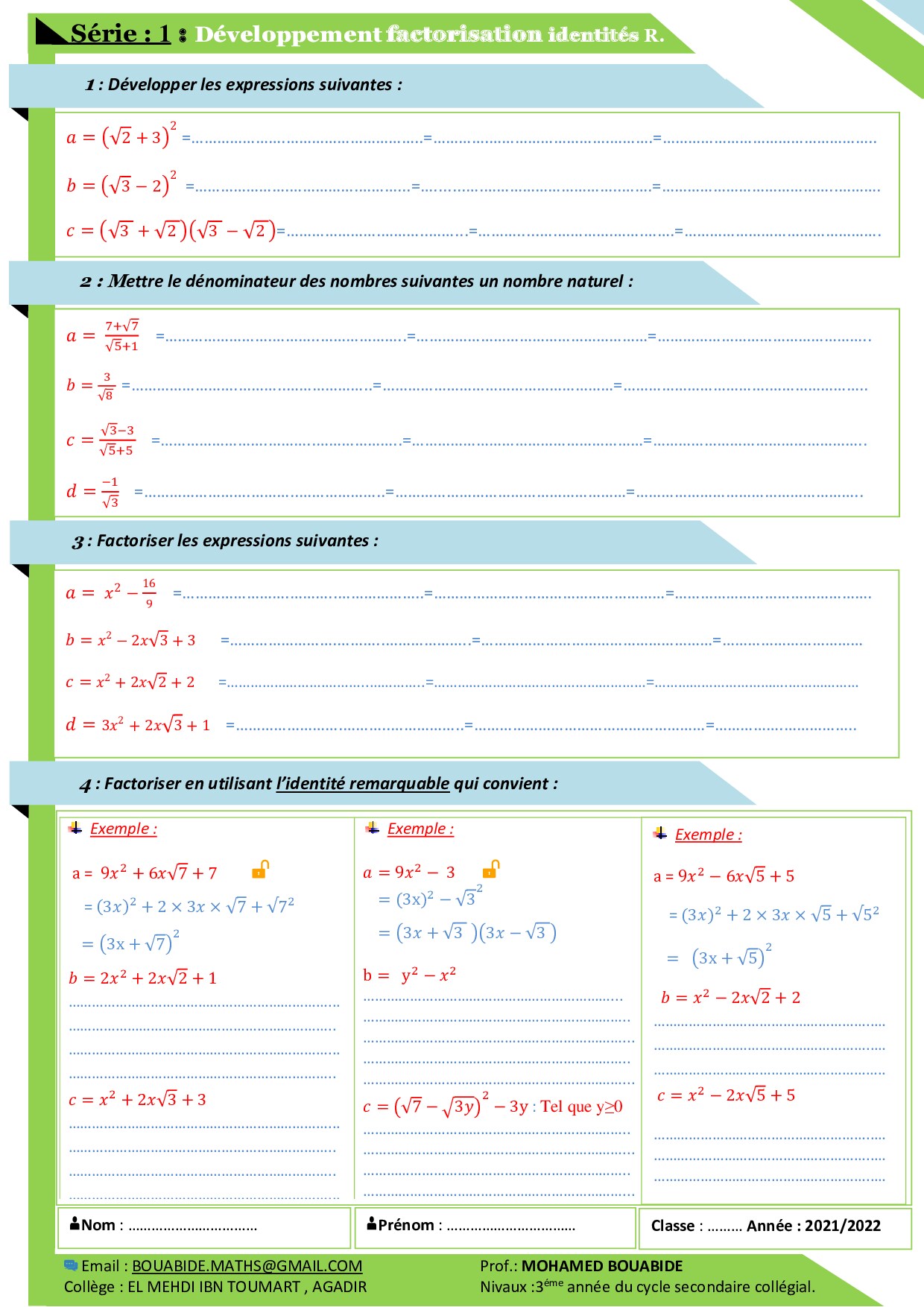 Développement, factorisation et identités remarquables - Série d ...