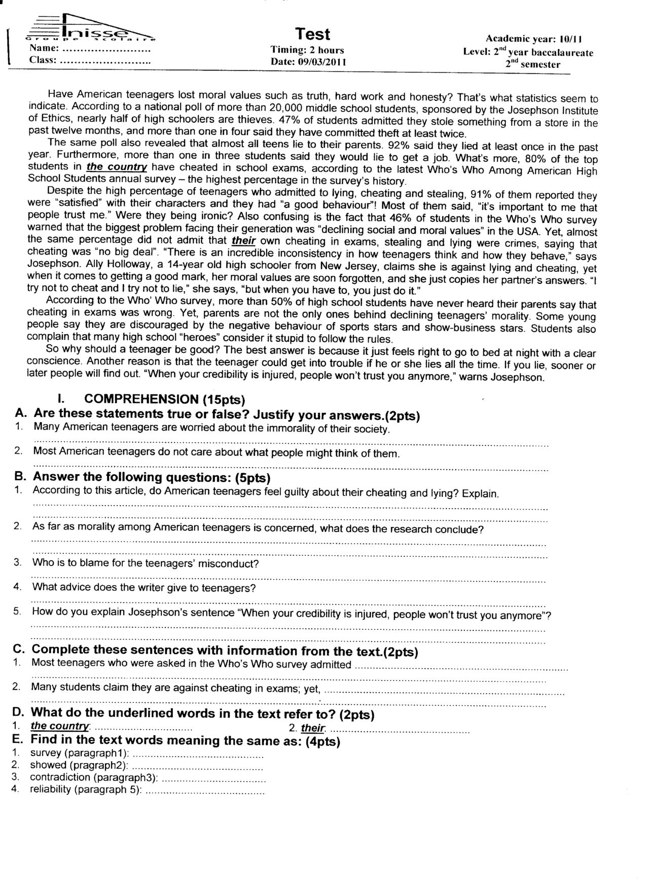 Test 1 Model 9 - English 2 Bac Second term - AlloSchool