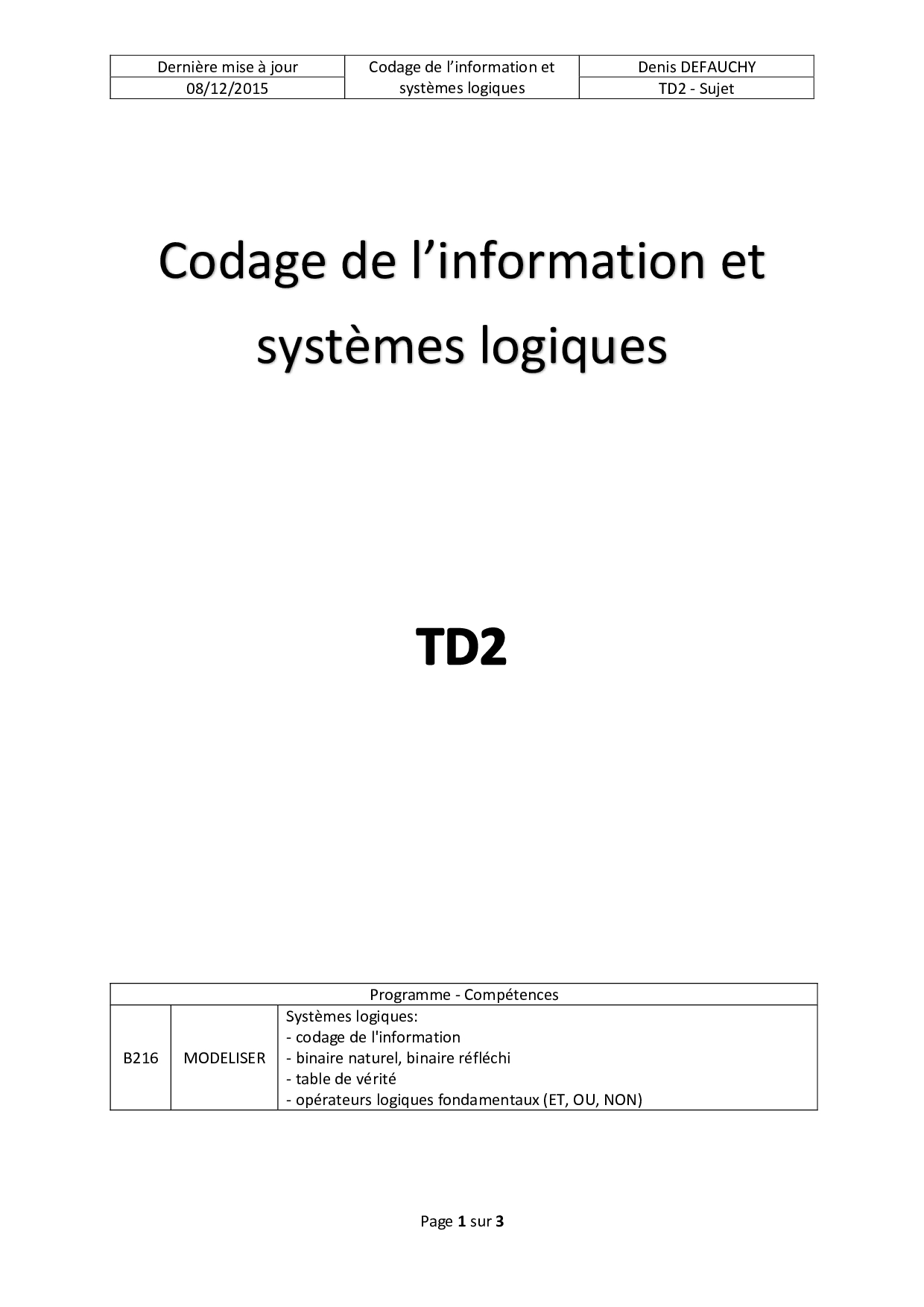 TD2 : Transcodeur Gray - Binaire - AlloSchool