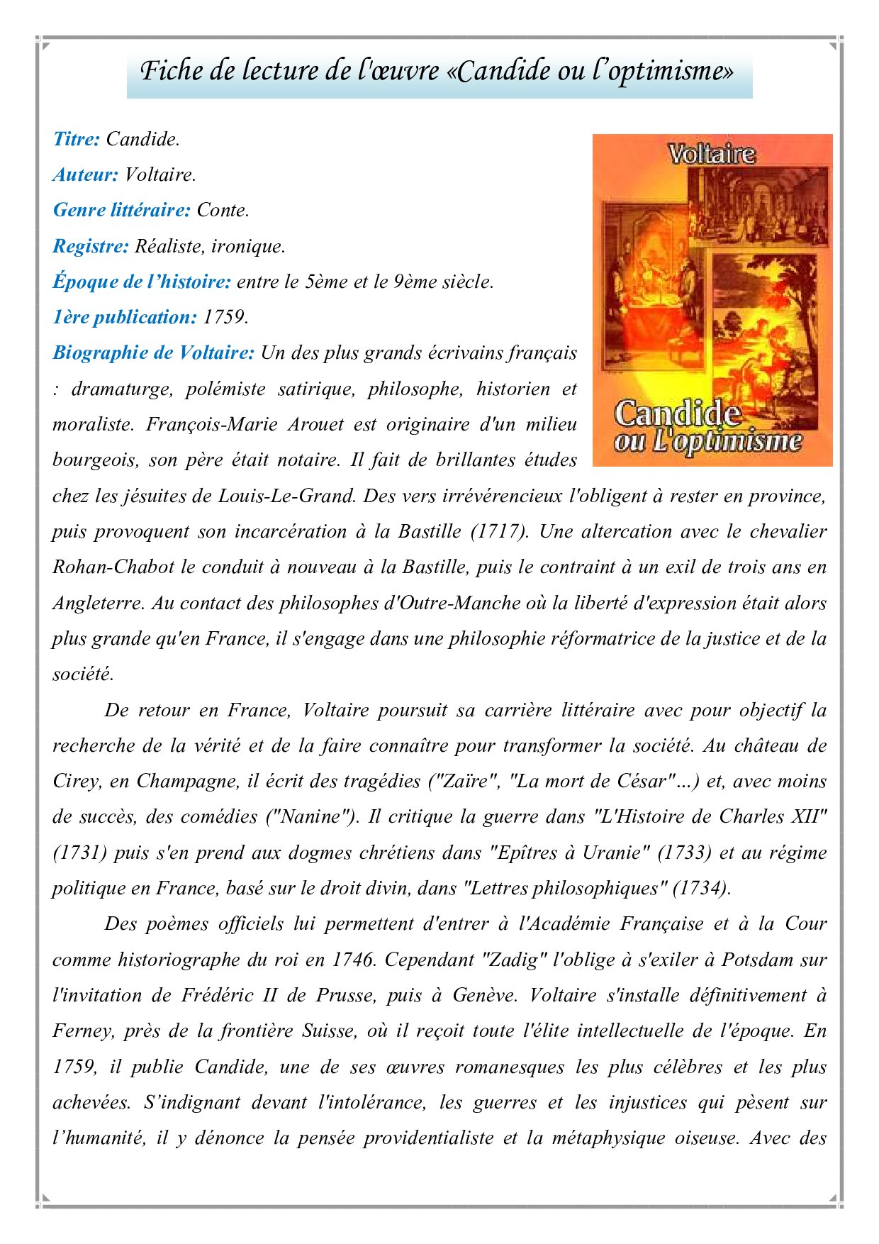 Candide ou l'optimisme - Fiche de lecture - AlloSchool