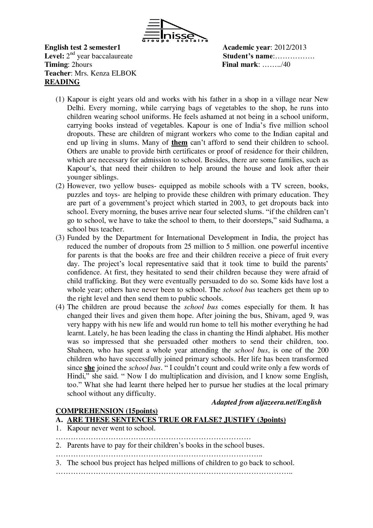 Test 2 Model 8 - English 2 Bac First term - AlloSchool