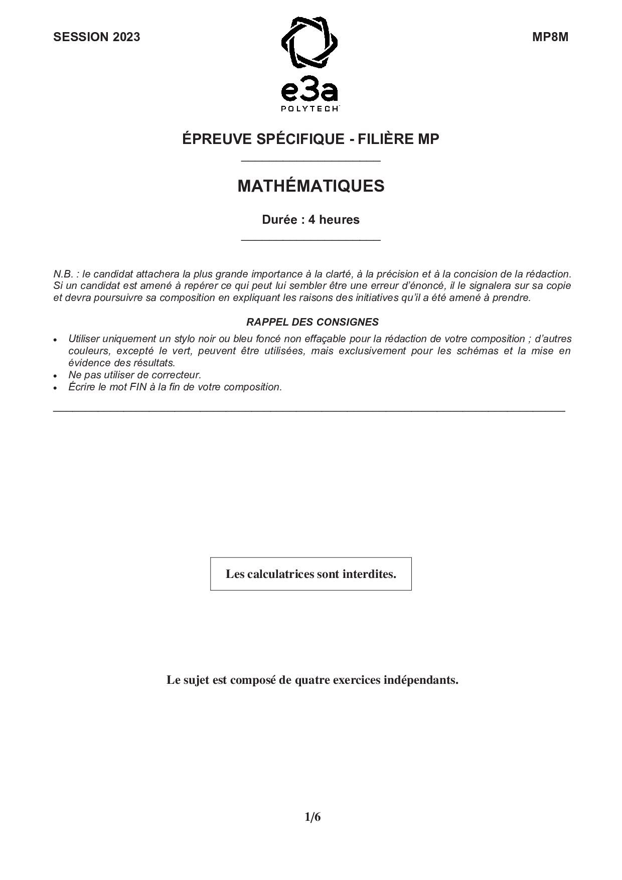 E3A MP 2023 Maths - Sujet - AlloSchool
